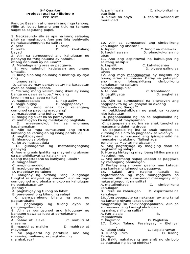 3rd Quarter Project Real-Pre-Test | PDF