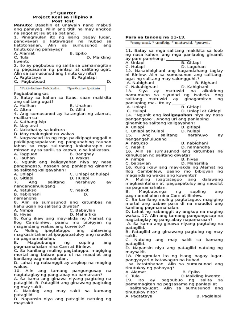 3rd Quarter Project Real-Post Test | PDF