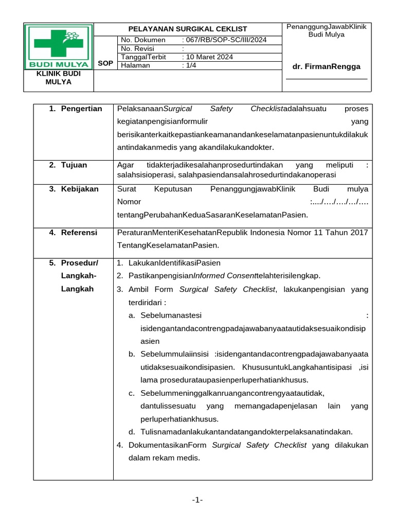 Sop Pelaksanaan Surgical Cheklist | PDF