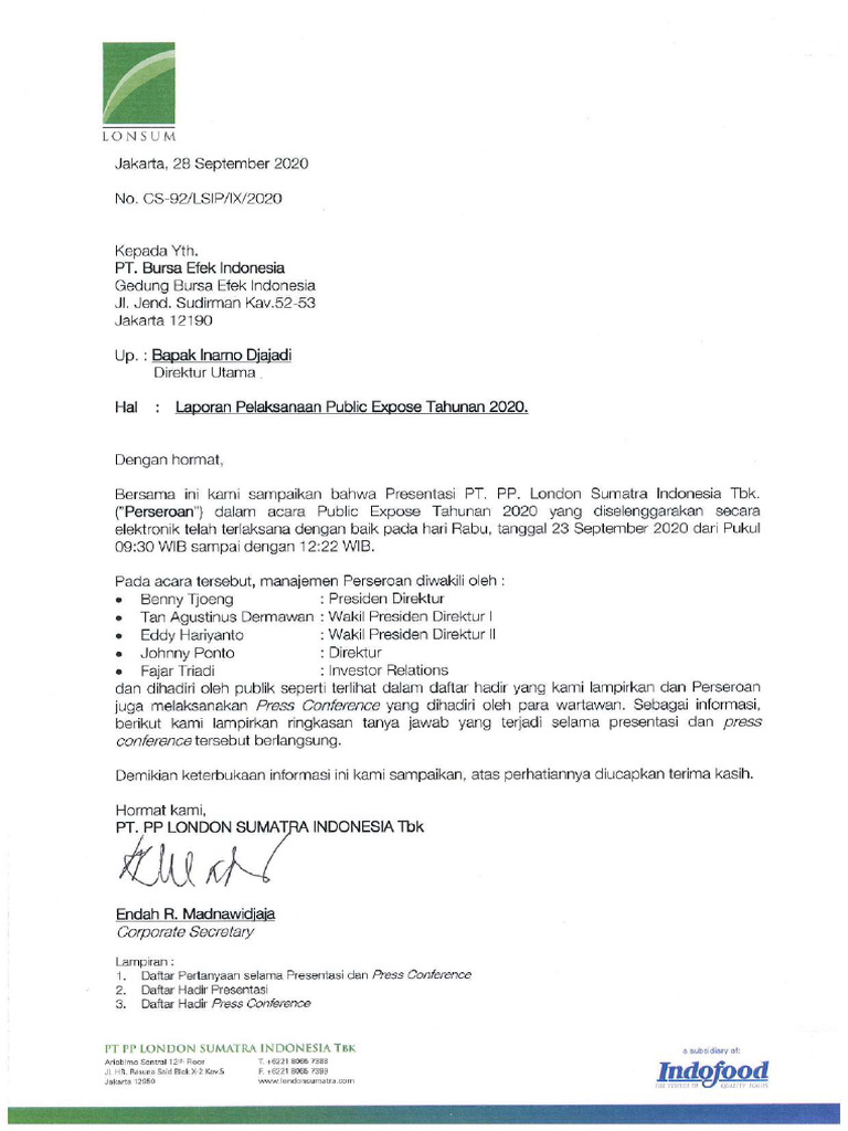 Penyampaian Laporan Hasil Public Expose Tahunan 2020 PT PP London ...