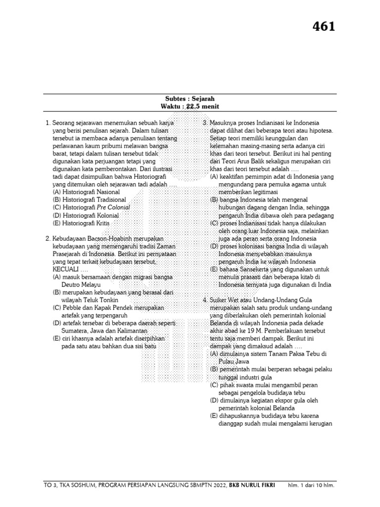 TO3 - TKA SOSHUM - SEJARAH - PPLS - IPS - TO 3 INTENSIF UTBK 2022 - Kode461 | PDF
