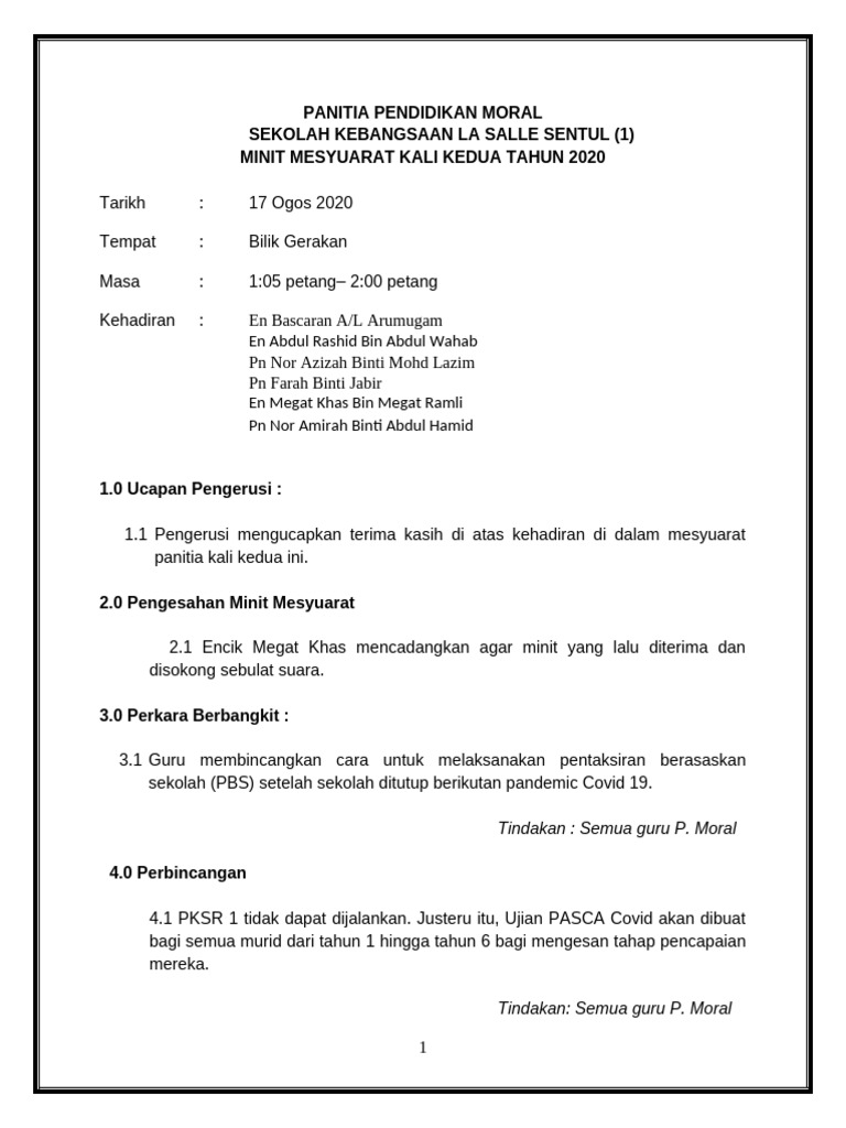 Minit Mesyuarat Panitia Moral 2 | PDF