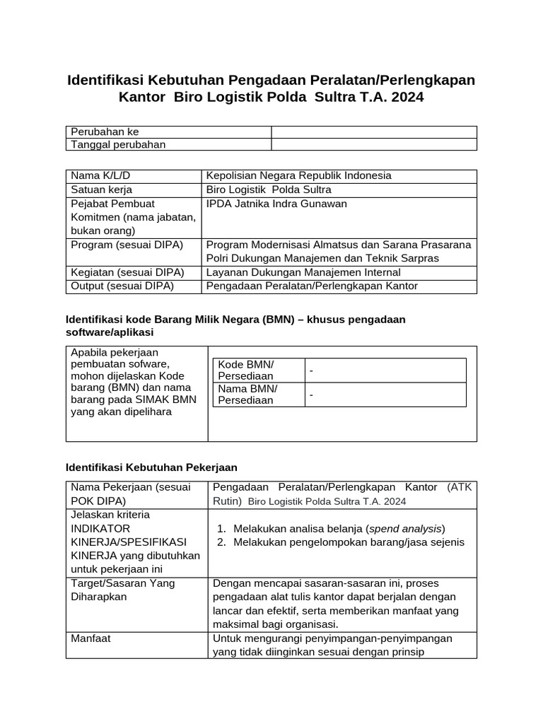 Formulir Pertanyaan Identifikasi Kebutuhan ATK Rolog T.A. 2024 | PDF