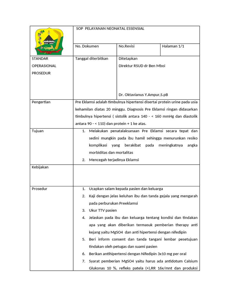 Sop Pre Eklamsia | PDF