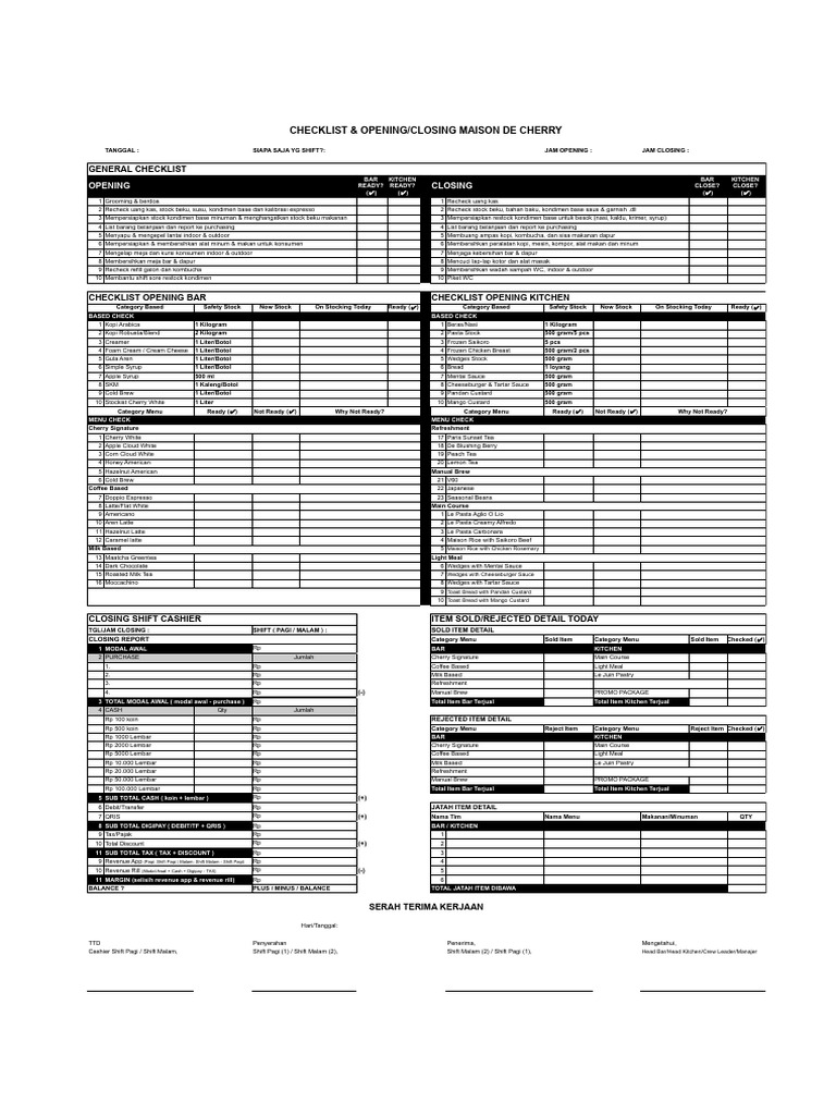 (SOP) Checklist Shift Pagi & Malam VOMC - (MDC) Checklist Opening ...