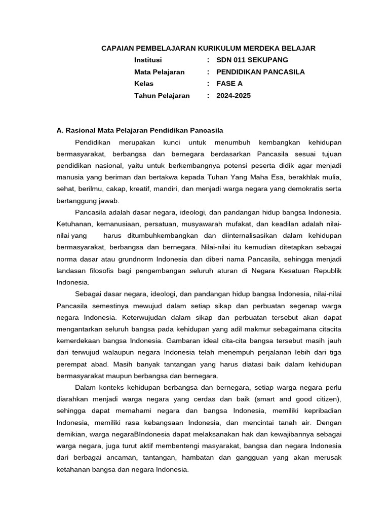 CP Dan KKTP PKN Kelas 1 Kurikulum Merdeka | PDF