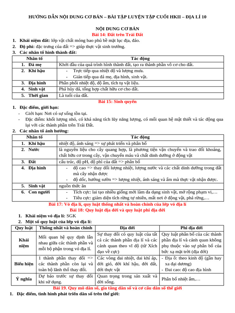 Địa lí 10 - Bài tập luyện tập - Kiểm tra HKII - 2023-2024 | PDF