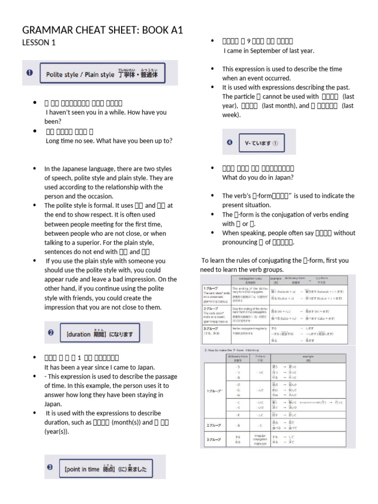 Irodori A1a Grammar Summary Sheet | PDF