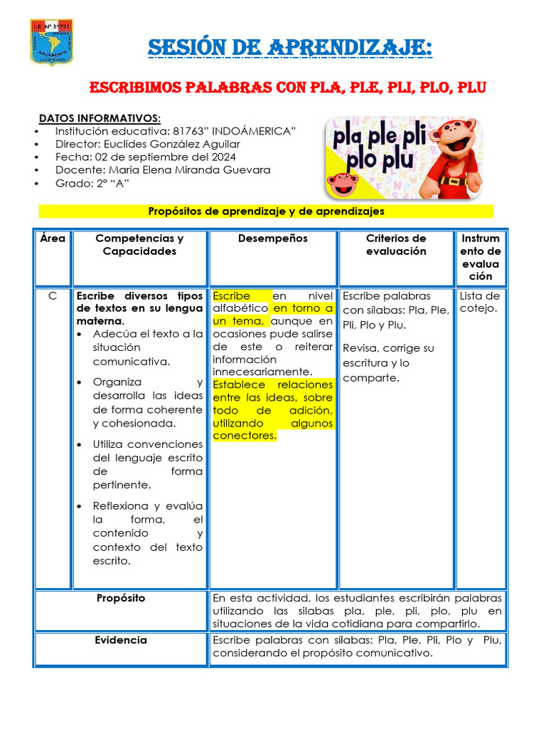 SESIÓN COM ESCRIBIMOS PALABRAS CON PLA, PLE, PLI, PLO, PLU | PDF