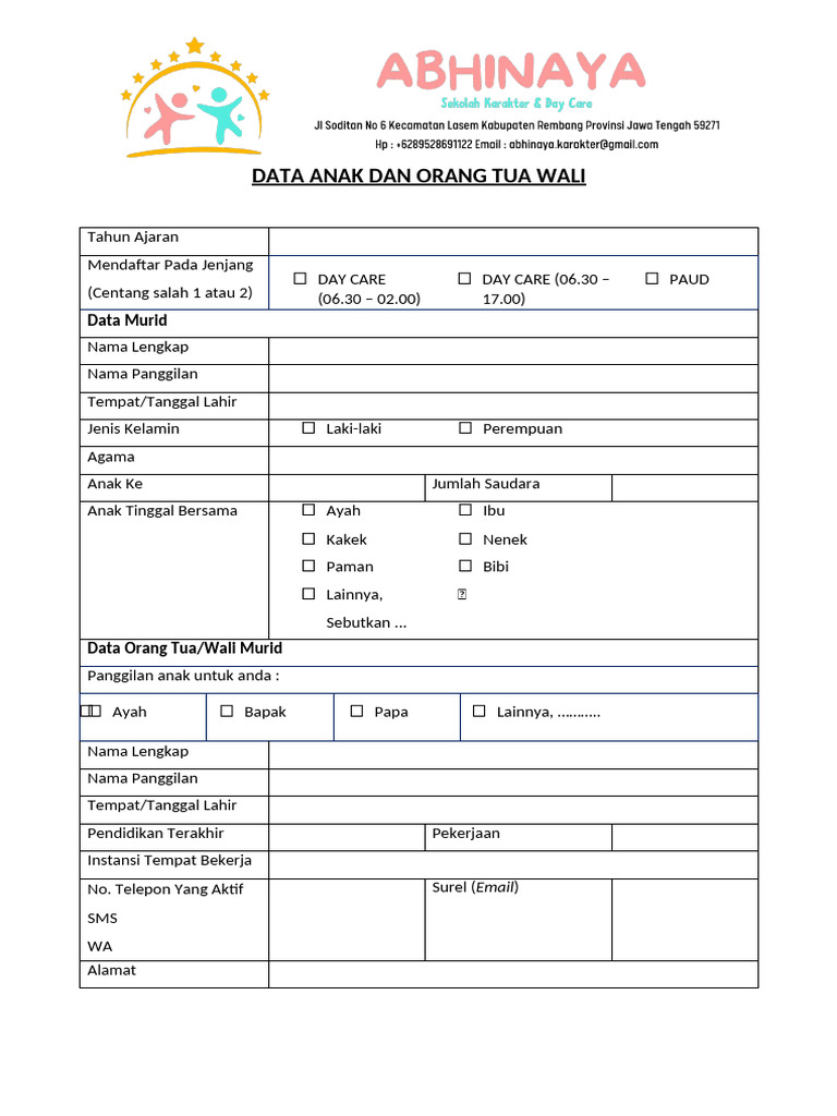 Formulir Pendaftaran Paud Dan Daycare | PDF