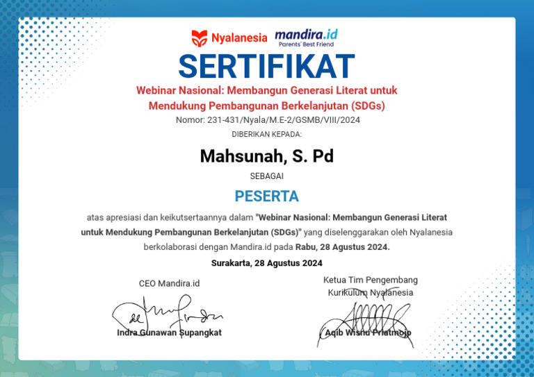 Mahsunah, S. PD - Sertifikat Webinar Nyalanesia X Mandira - Id | PDF
