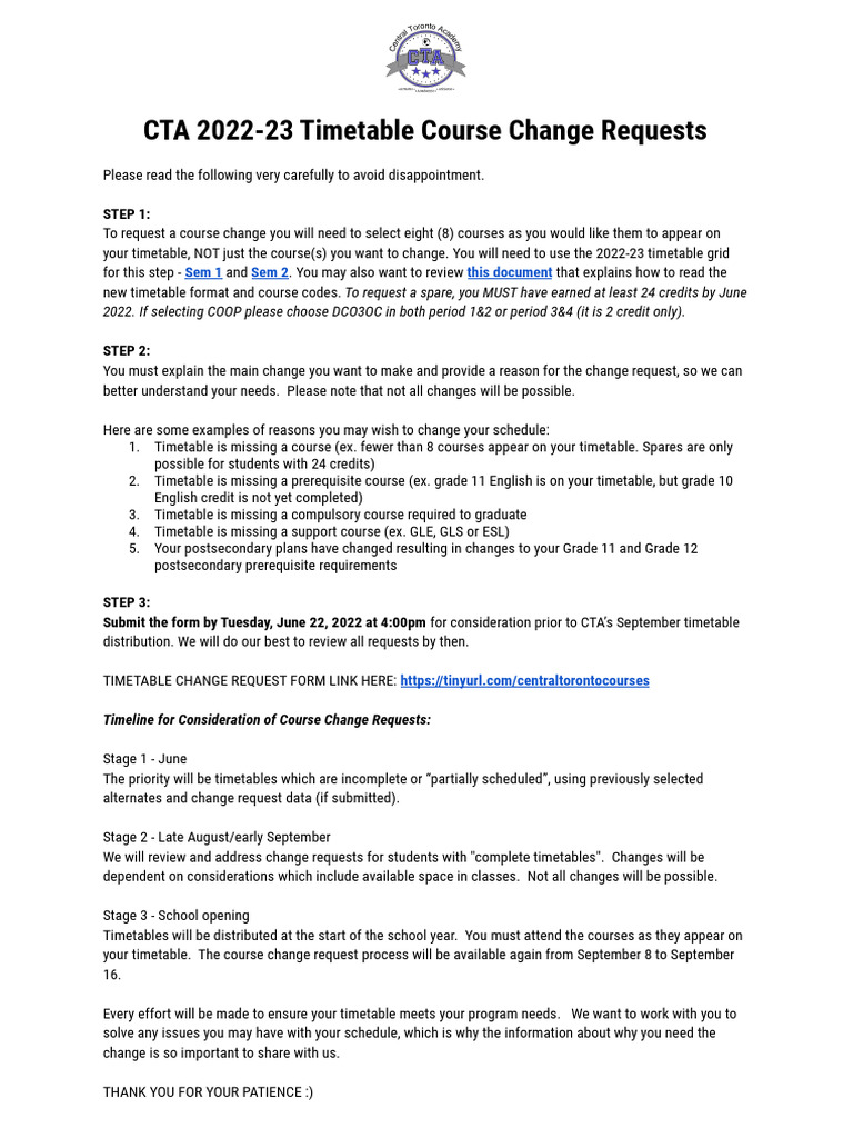 Revised - CTA 2022-23 Timetable Course Change Requests | PDF