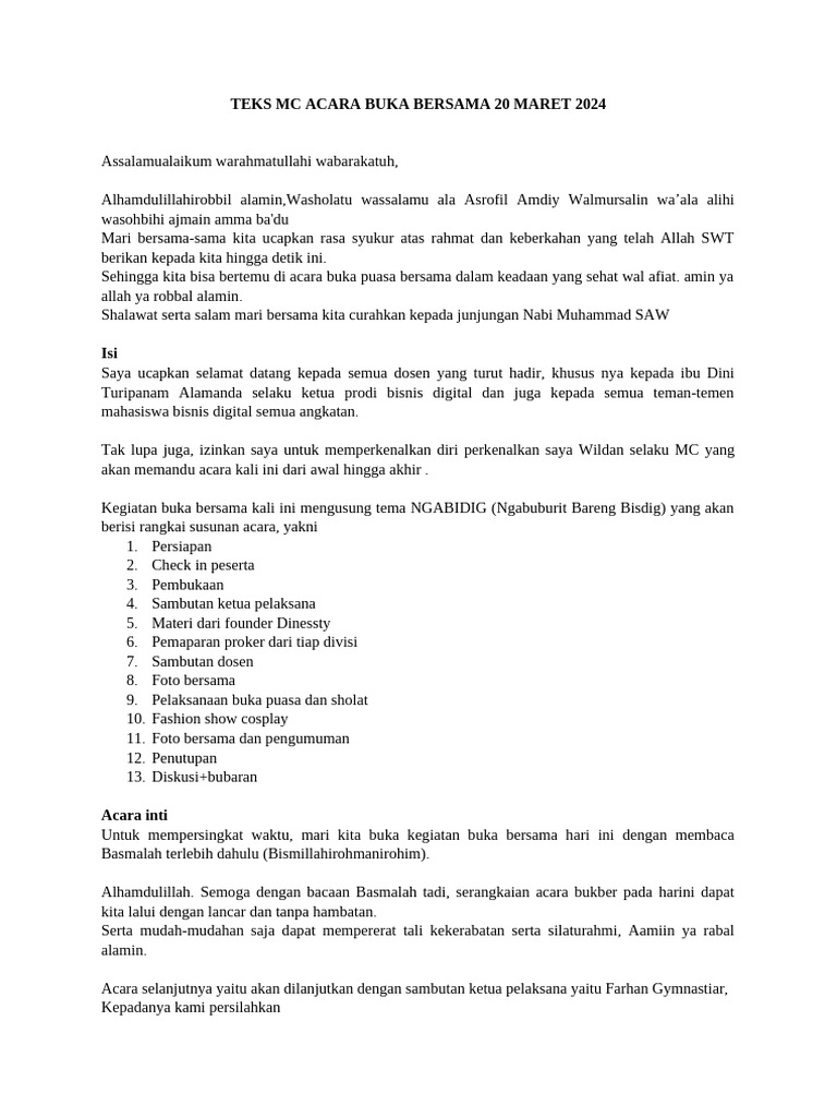 Teks MC Buka Bersama Bisdig 2024 | PDF