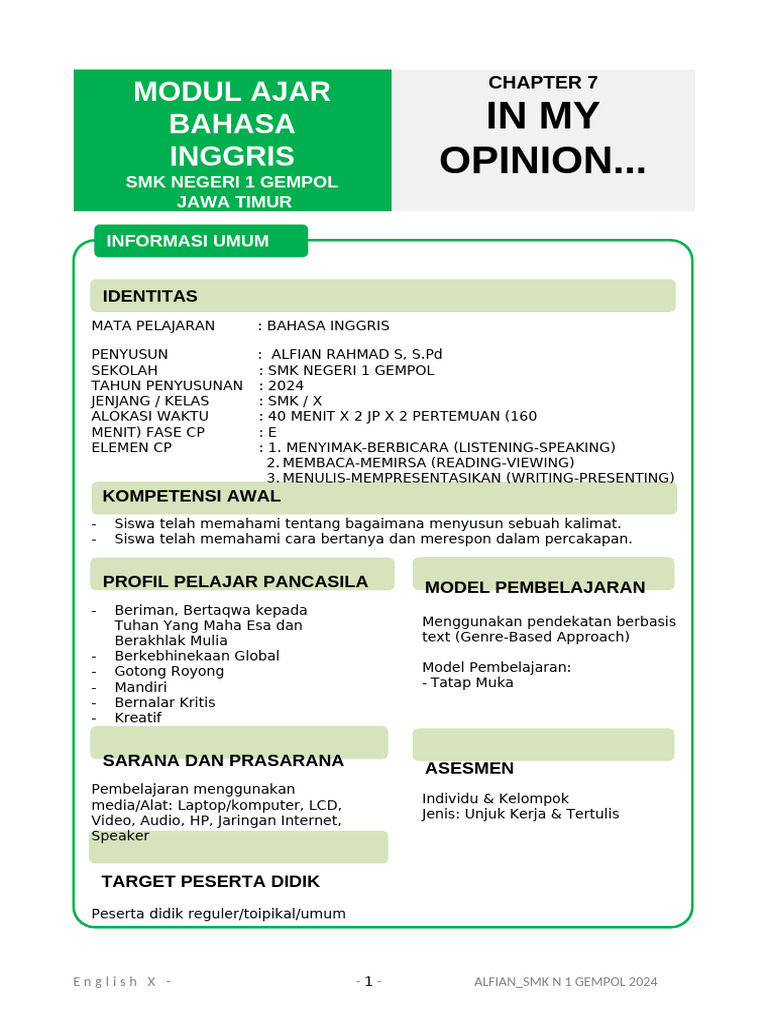 MODUL 7 Opinion Kelas X | PDF
