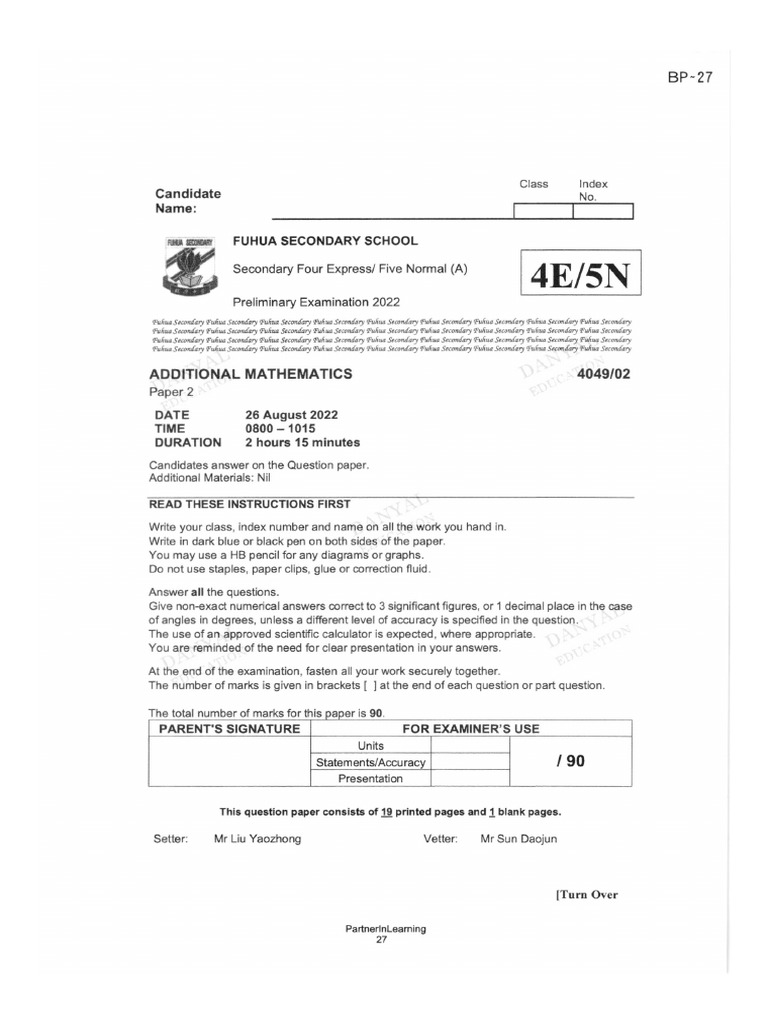 Fuhua A-Math Prelim Paper 2 2022 | PDF | Elementary Mathematics | Algebra