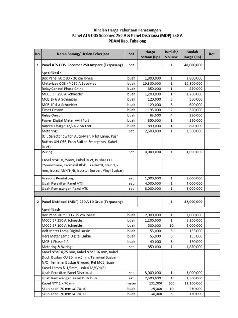 Rab ATS 250 A & Panel Distribusi - PDAM Tabalong - Rev - 240609 ...