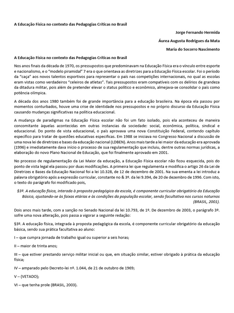 A Educa o F Sica No Contexto Das Pedagogias CR Ticas No Brasil | PDF