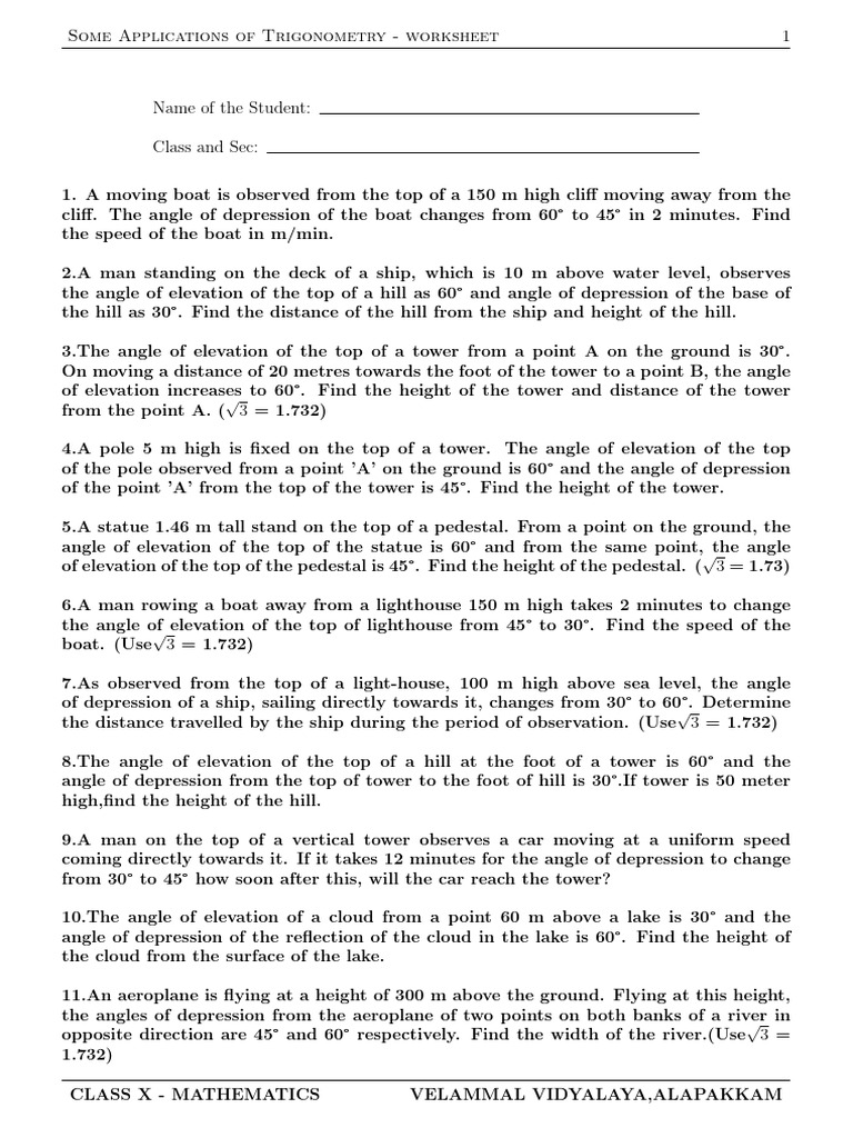 Some Applications of Trigonometry - worksheet | PDF