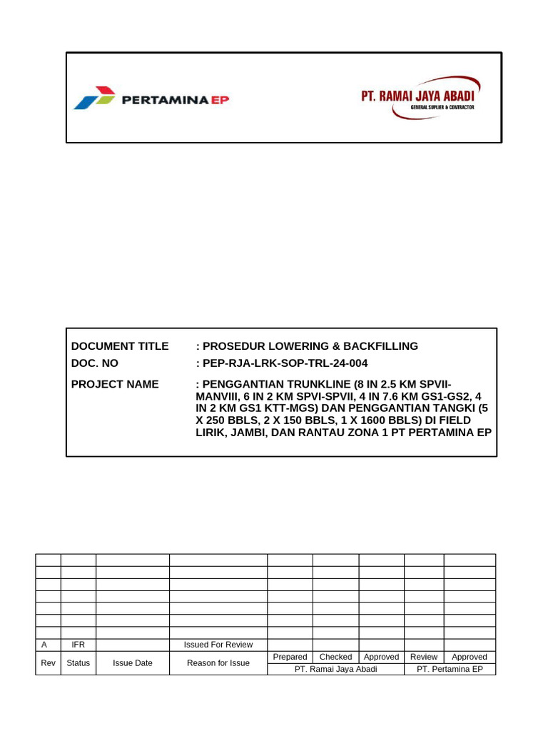 Ifr - Pep-Rja-Lrk-Sop-Trl-24-004 (Sop Lowering & Backfilling) | PDF