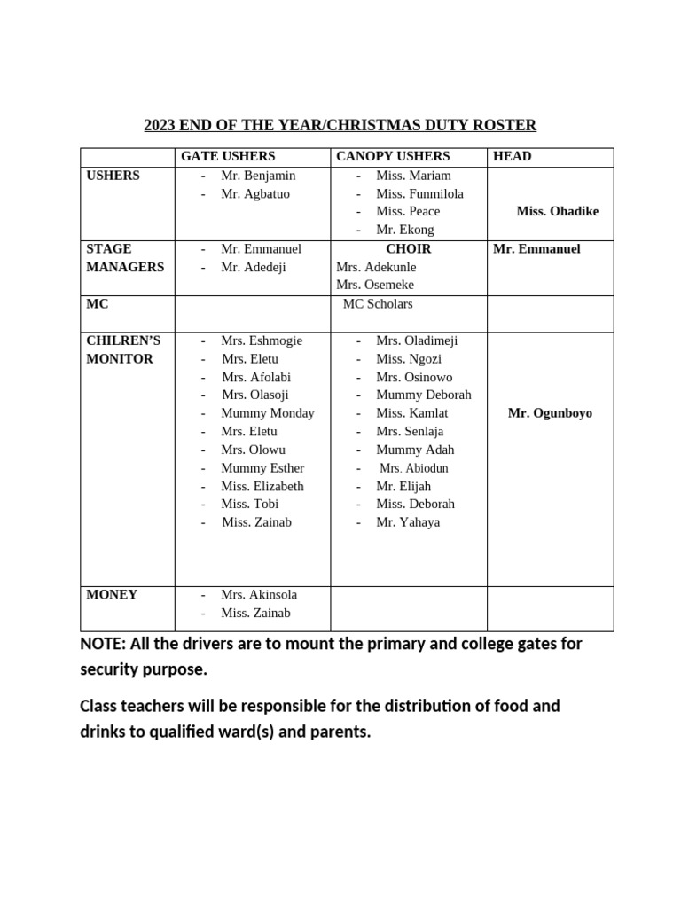 Duty Roster End of Session Party 2024 | PDF