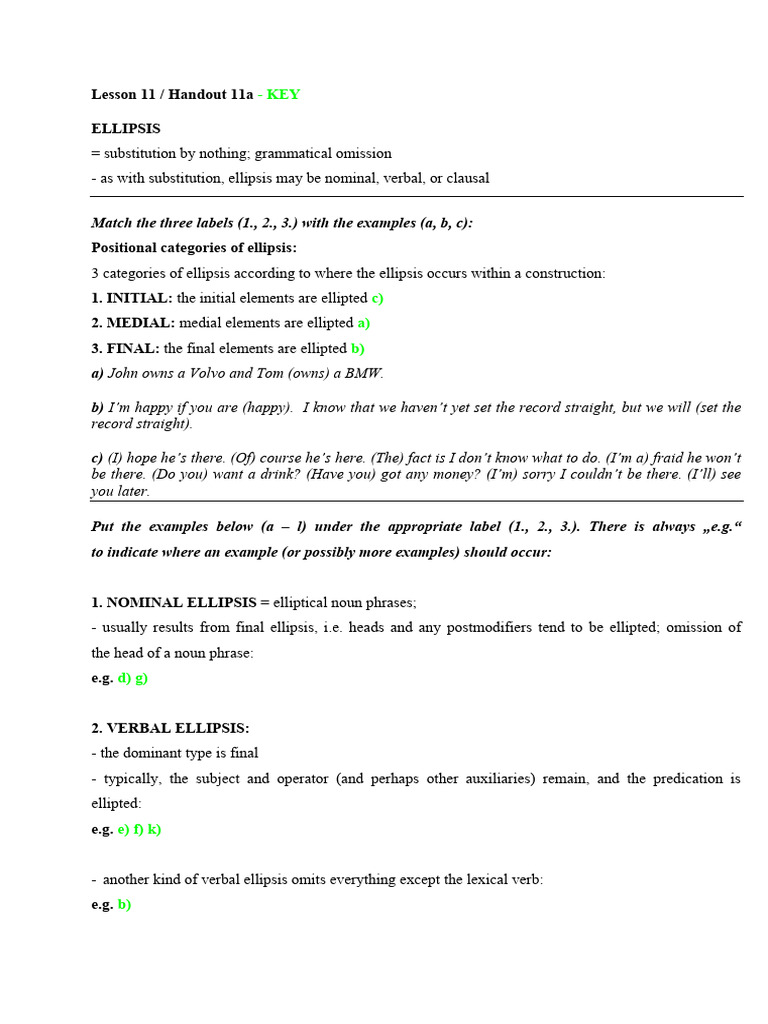 Handout 11a Ellipsis Key | PDF