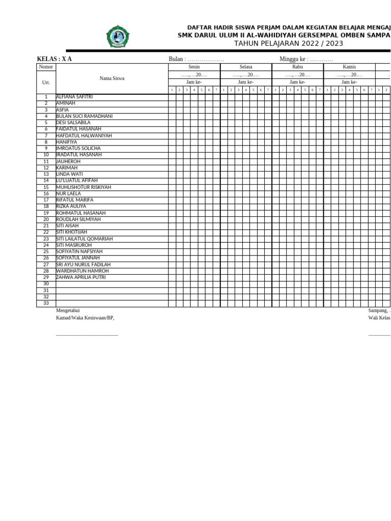 Absensi Kelas Siswa SMK 20212022 | PDF