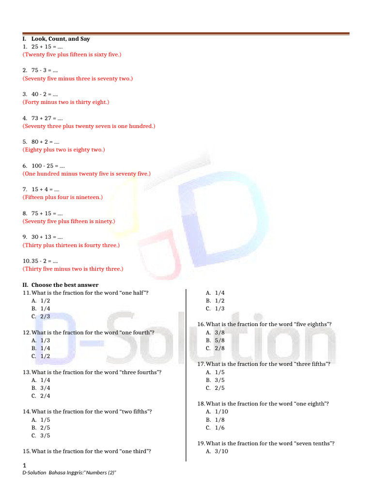 Soal Bahasa Inggris Kelas 4 Semester 1 Numbers | PDF