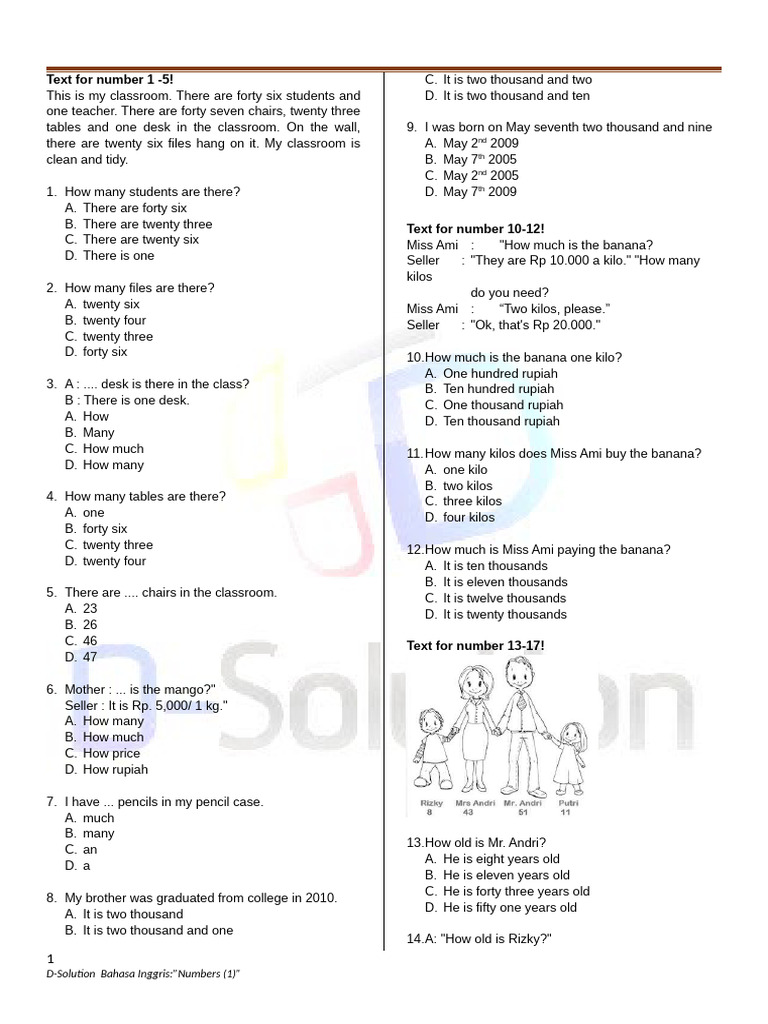 Soal Bahasa Inggris Kelas 4 Semester 1 Numbers | PDF