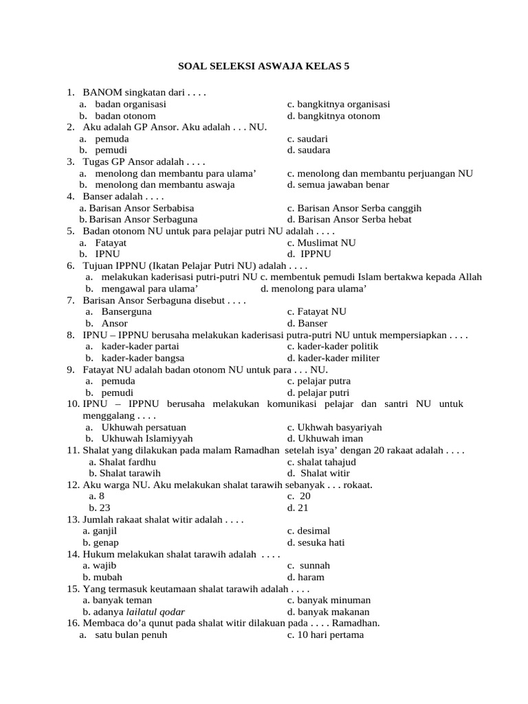 Soal Seleksi Aswaja Kelas 5 | PDF