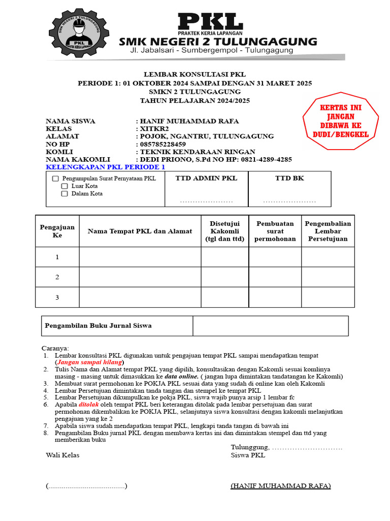 Xitkr2 Hanif Muhammad Rafa Lembar Konsultasi PKL 1 2024-2025 | PDF