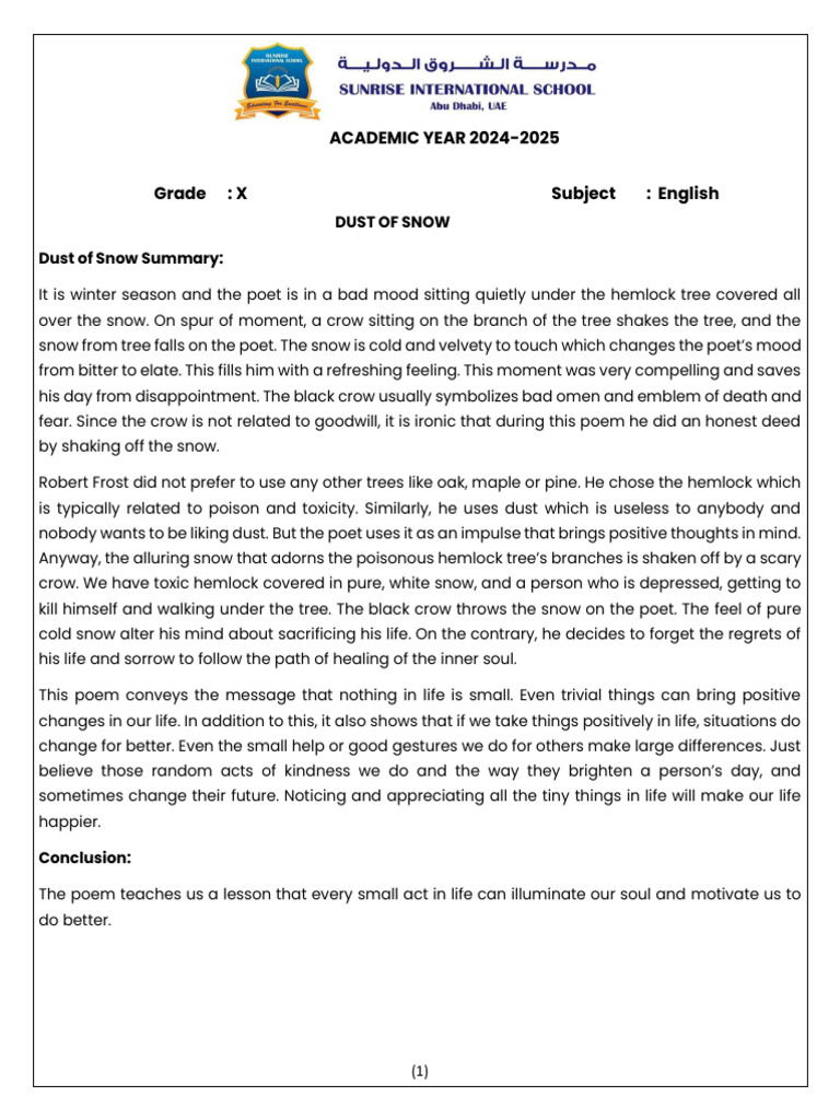 Notes - Dust of Snow (Poem) | PDF