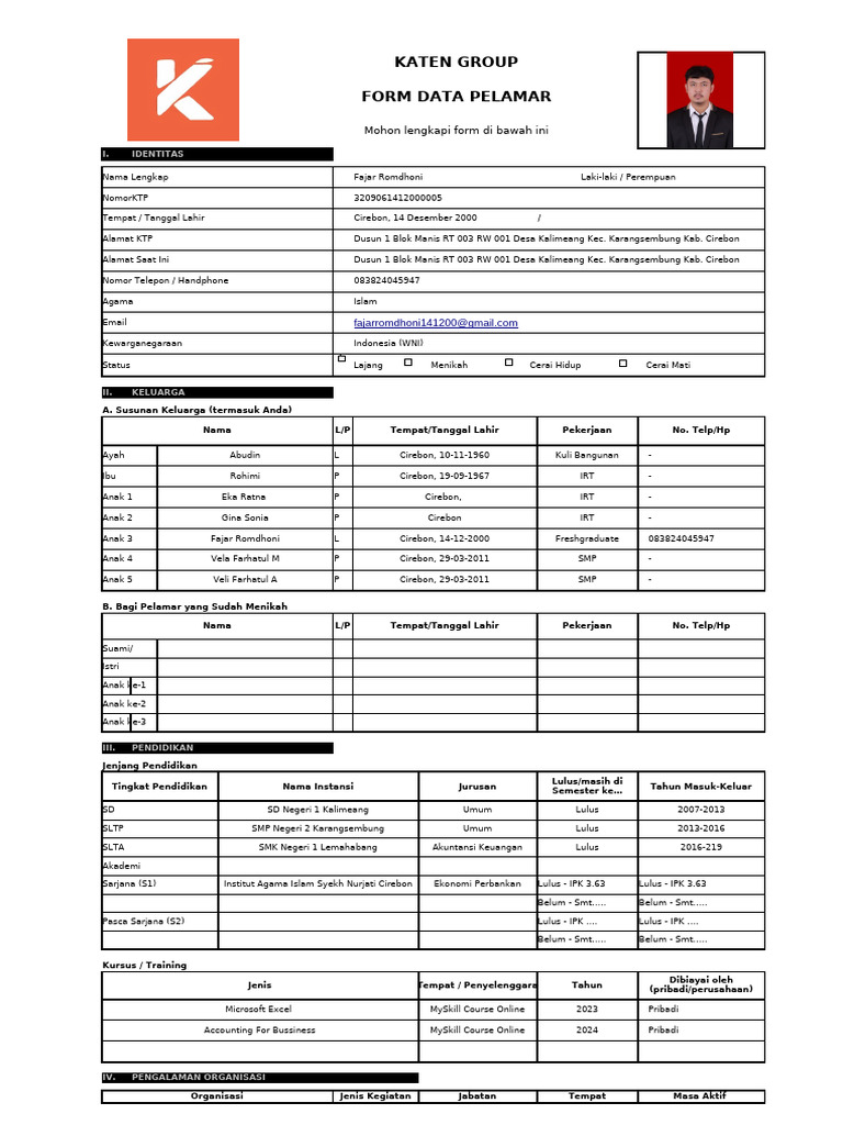 Form Data Pelamar - Katen Group Cirebon | PDF