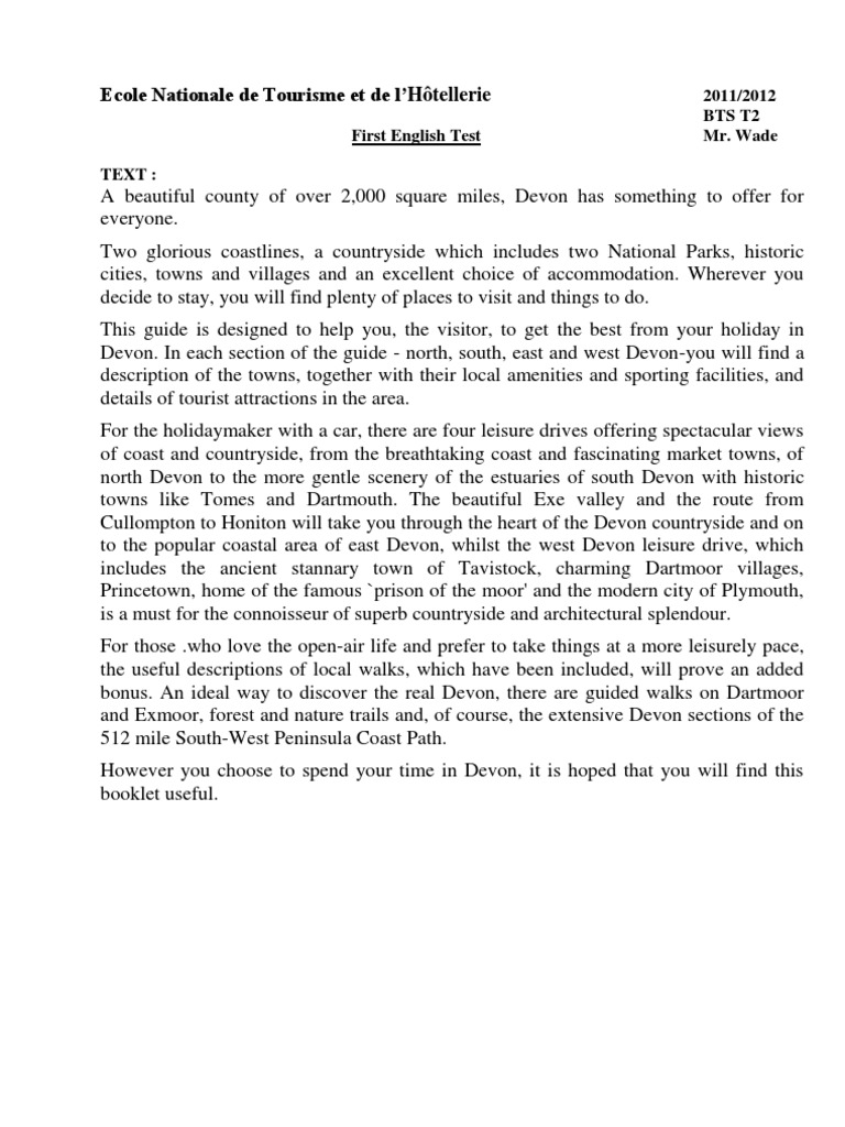 Test 1 Bts Tourisme 2 | PDF | Devon | Tourism