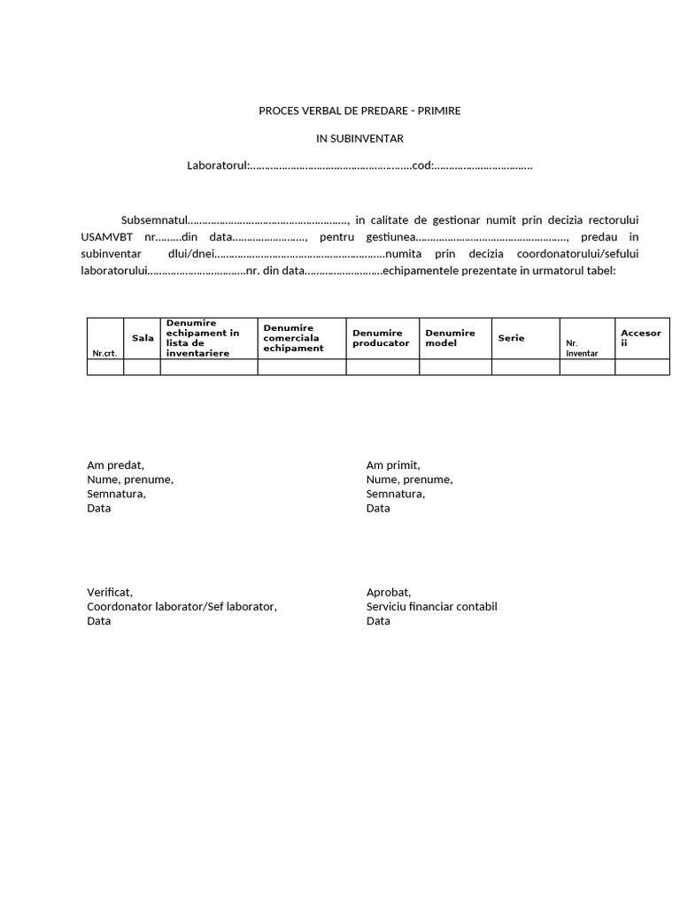 Proces-Verbal-Predare in Subinventar | PDF