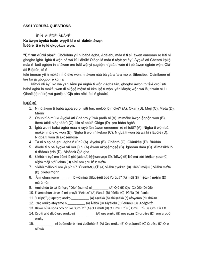 SS1 2ND Term Yorùbá Questions | PDF