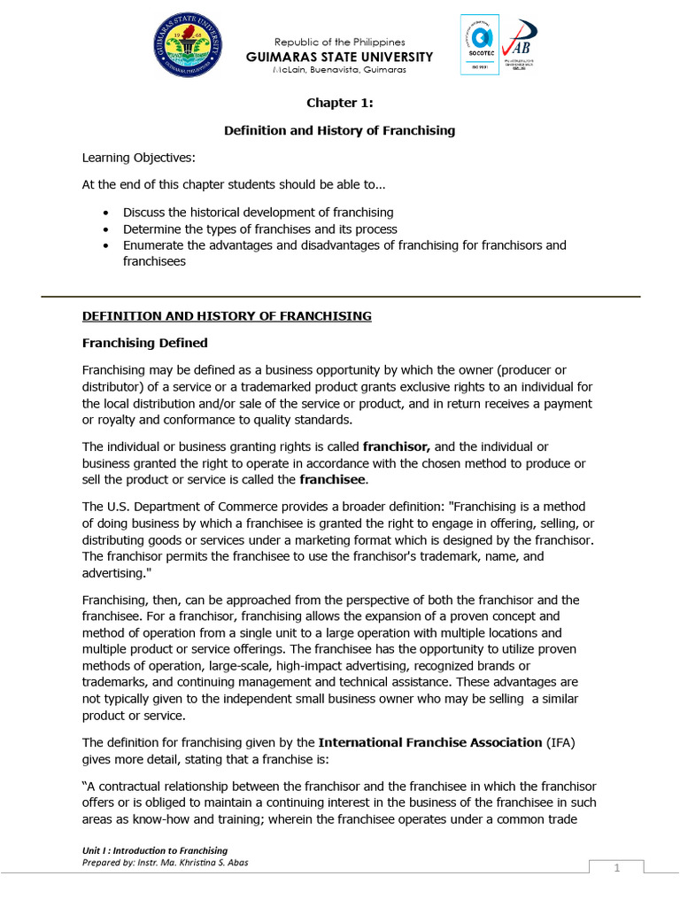 Chapter 1 - Introduction To Franchising | PDF | Franchising | Business