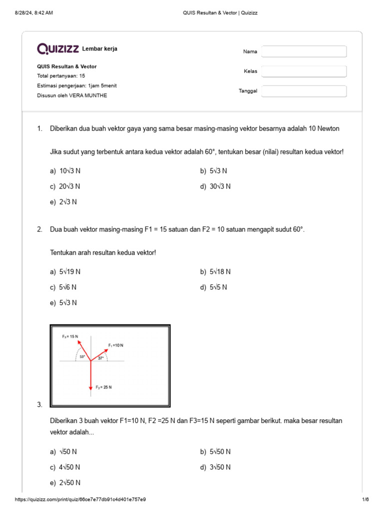 QUIS Resultan & Vector - Quizizz | PDF