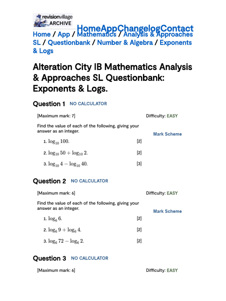 IB Math AA SL Questionbank - Number - Algebra _ Exponents - Logs ...