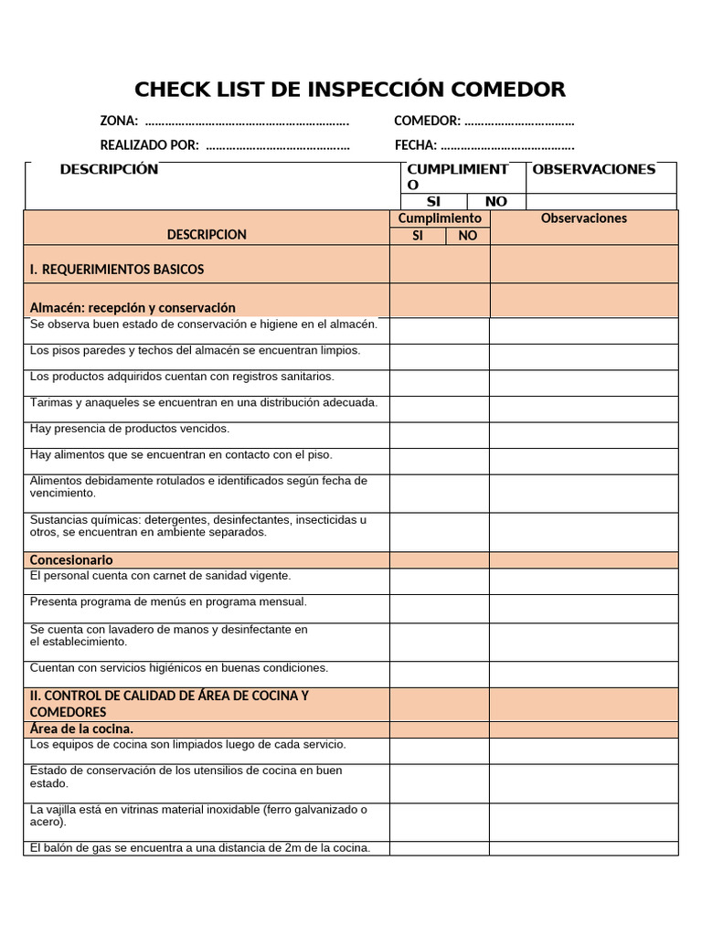 Formato Inspeccion de Comedor | PDF Formato Inspeccion de Comedor | PDF