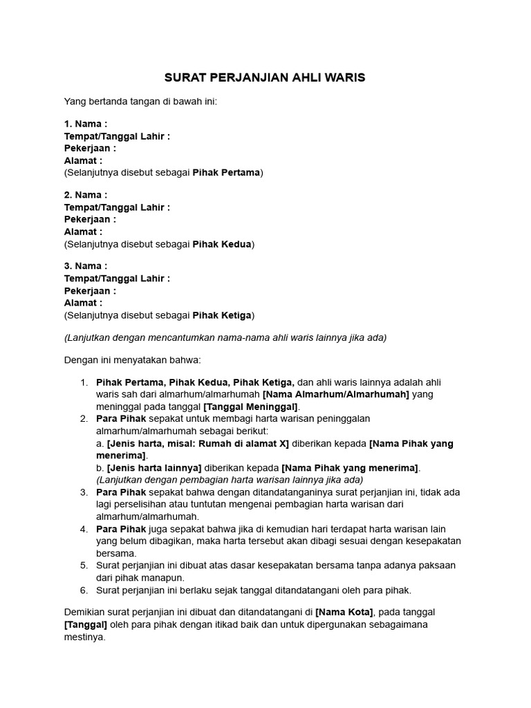 Surat Perjanjian Ahli Waris | PDF