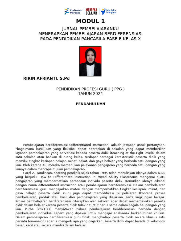 Modul 1 - Jurnal Pembelajaran Diferensiasi | PDF