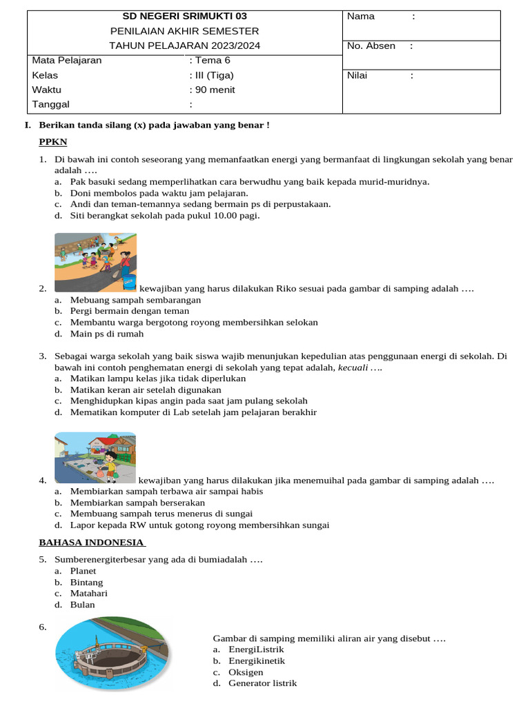 Soal UAS-PAS Kelas 3 Tema 6 | PDF