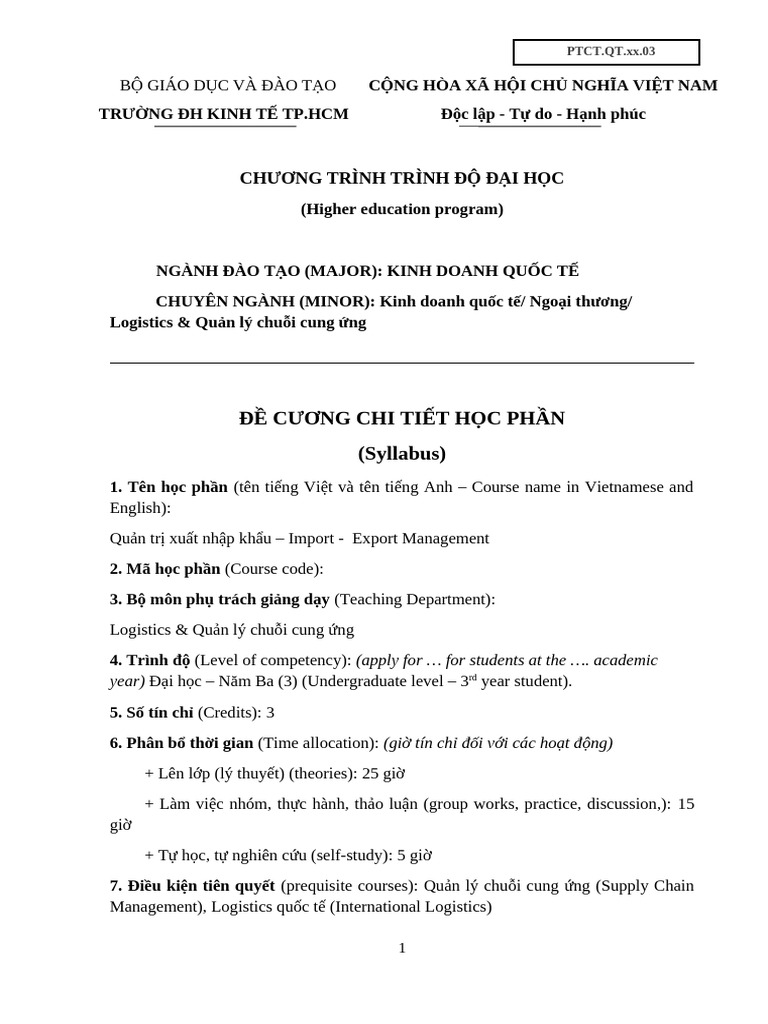Syllabus Quan Tri Xuat Nhap Khau | PDF