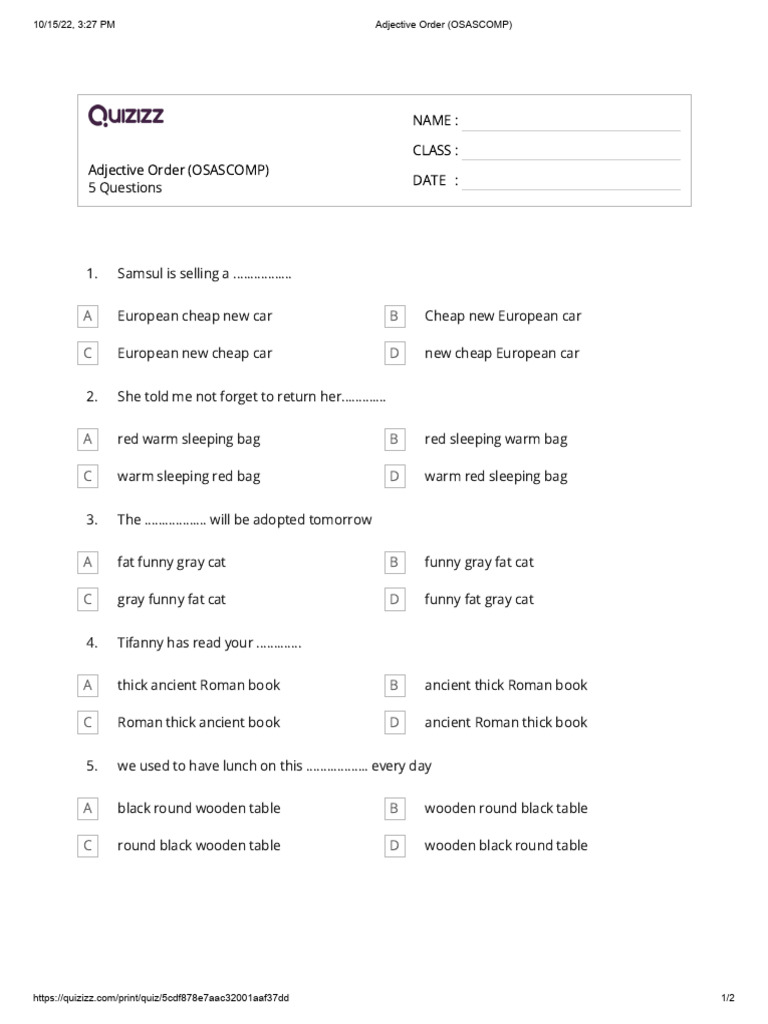 Adjective Order (OSASCOMP) | PDF