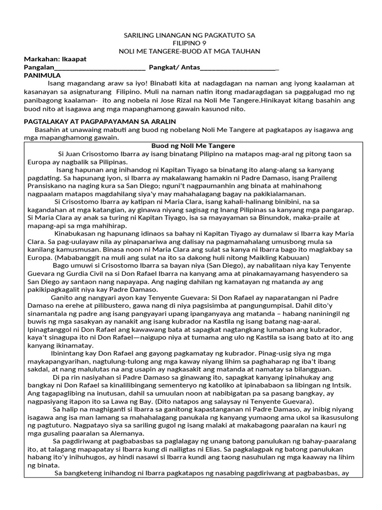 Aralin Sa Noli Me Tangere Buod at Tauhan Part 1 | PDF