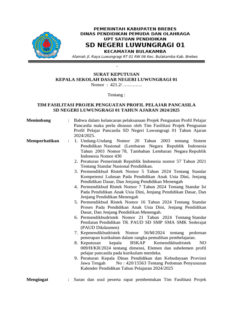 SK Tim Fasilitasi Projek P5 | PDF