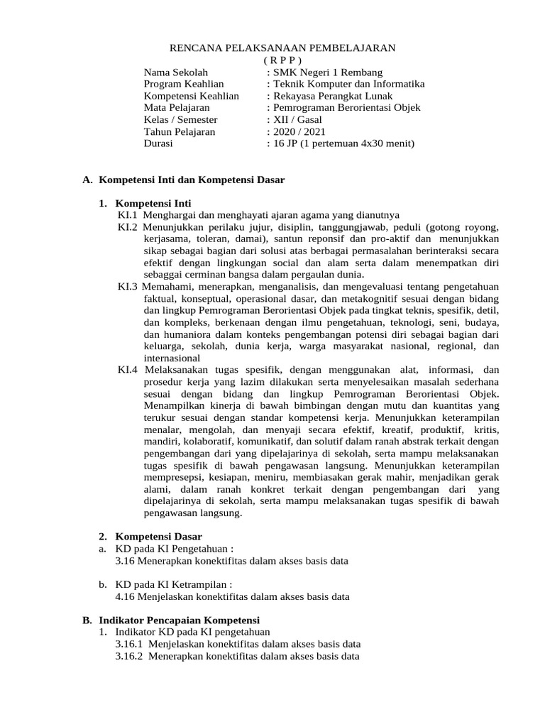 RPP Pemrograman Berorientasi Objek Xii RPL | PDF