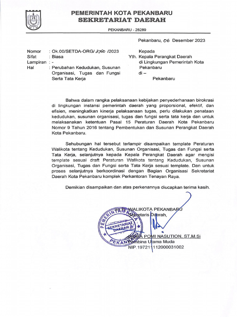 Surat Perubahan SOTK Perangkat Daerah 2023 | PDF