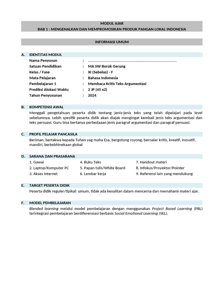 Modul Ajar Bahasa Indonesia XI Bab 1 | PDF