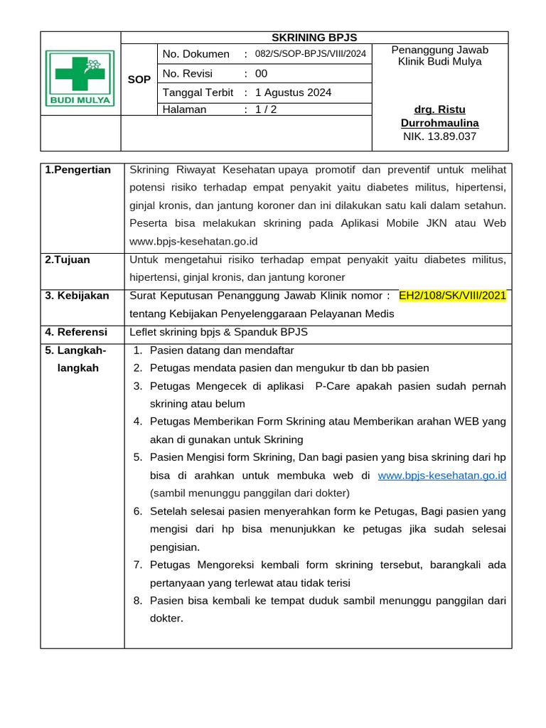 SOP Skrining BPJS | PDF